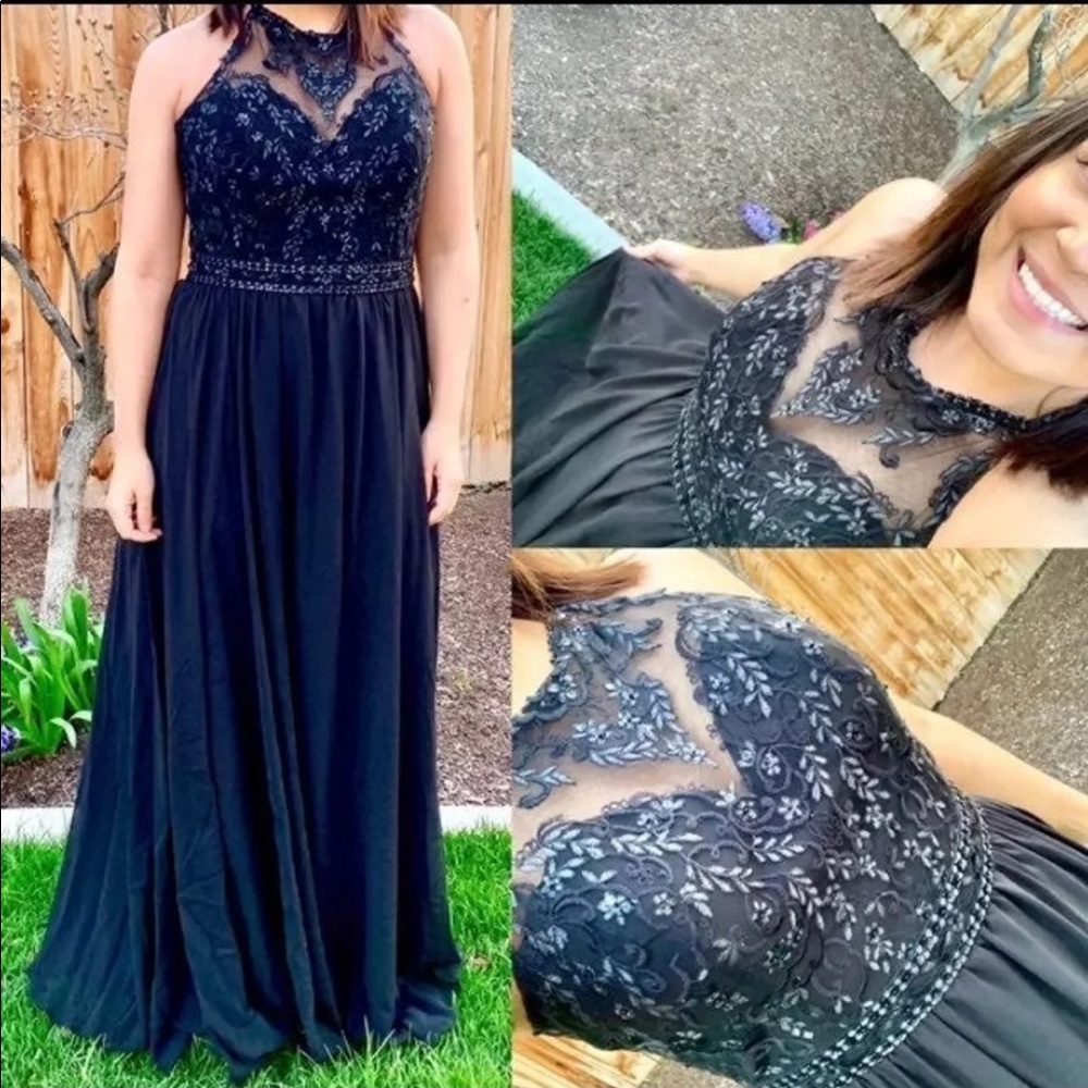 Black Beaded Prom Dress (Size 12) - Gem